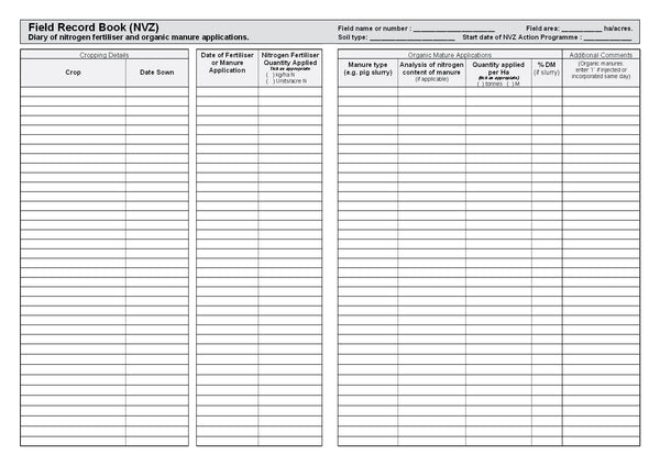FIELD RECORD BOOK - NVZ (A4/32 Pages) F030 (Nitrate Vulnerable Zones ...